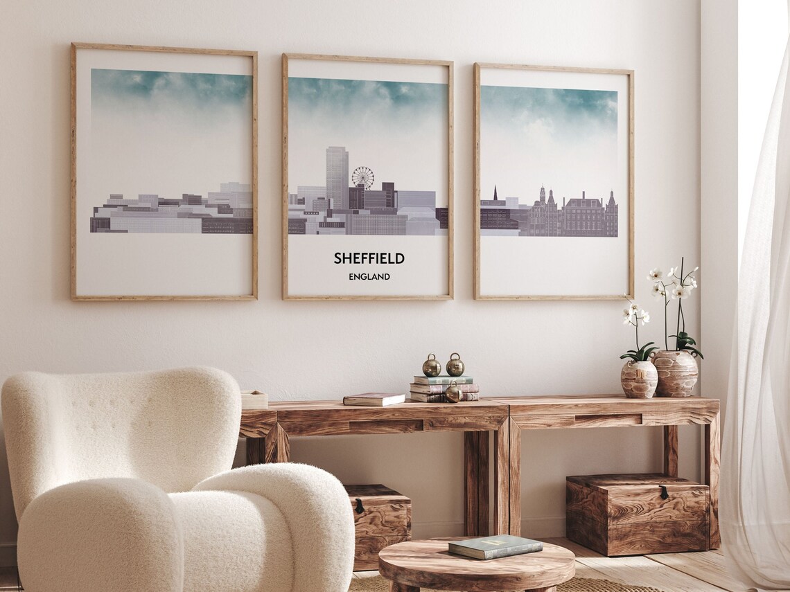 Sheffield Watercolor Skyline Triptych Set of 3 Prints, Sheffield UK ...