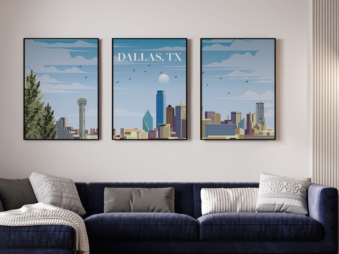 Dallas Travel Posters Triptych, Usa Set of 3 Posters, Usa Travel Poster ...
