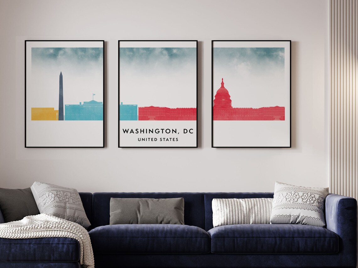 Washington DC Watercolor Skyline Triptych Set of 3 Prints, Washington ...