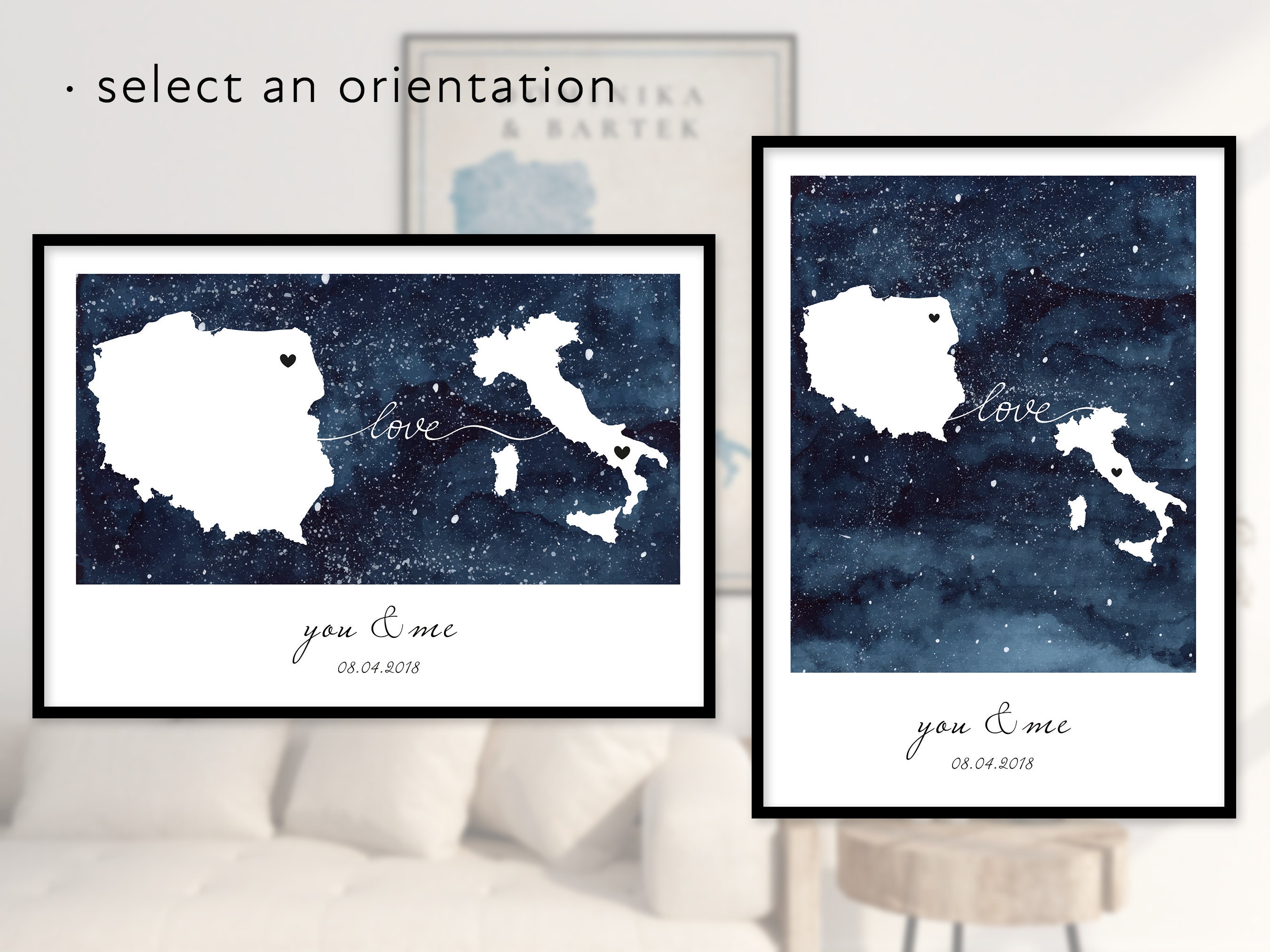 Personalised Map Poster, Love Map, Two Countries Map, Customisable Map Art, Family Gift Art ...