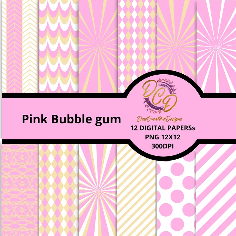 Digital Scrapbook Paper Set, Printable Background, Pink Bubblegum, 12 ...