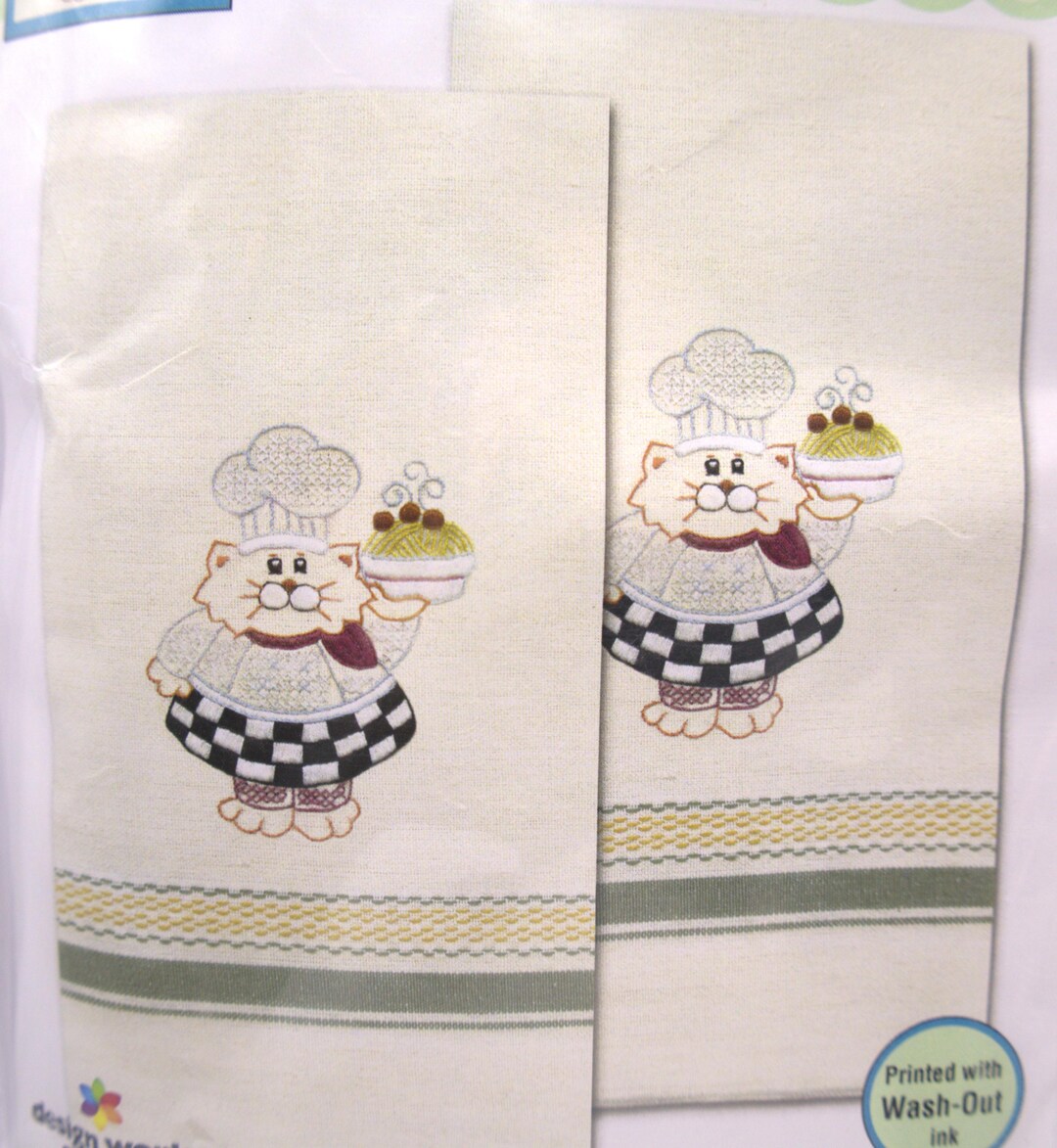 Cat Chef Tobin Stamped for Embroidery Kitchen Towels 20"x28" 2/pkg - Etsy