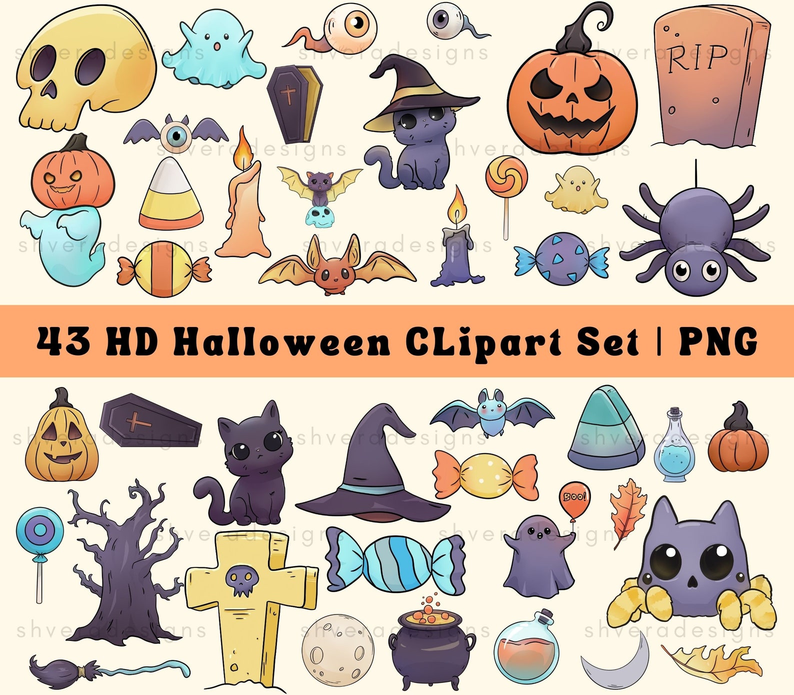 Buy 43 Cute Halloween Clipart Bundle Png Spooky Halloween Bundle Hand ...
