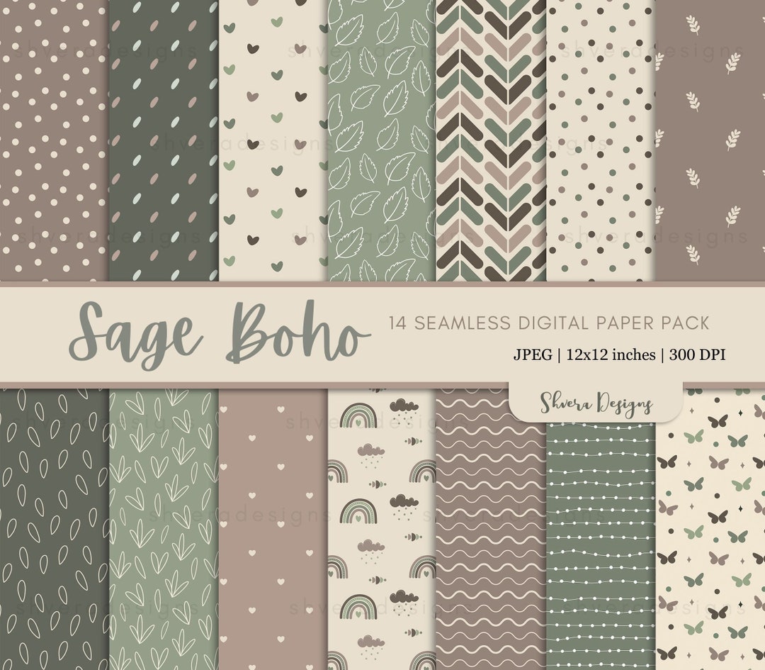 14 Sage Boho Digital Papers | Seamless Boho Background, Scrapbook Papers | Sage Aesthetic ...