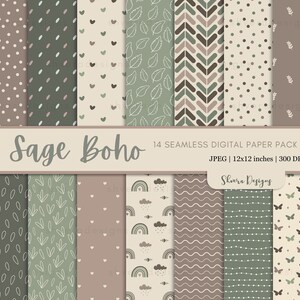 14 Sage Boho Digital Papers Seamless Boho Background, Scrapbook Papers ...