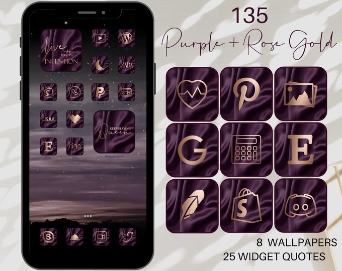 135 Purple & Rose Gold Ios14 App Icon Pack, 9 Wallpapers, 25 Widget ...