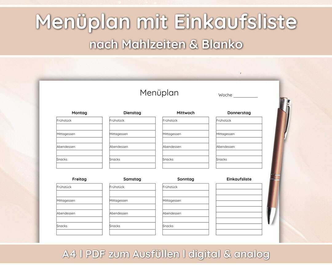 Wöchentlicher Menüplan Querformat | Digitale PDF Vorlage für Mahlzeitenplanung | Frühstück ...
