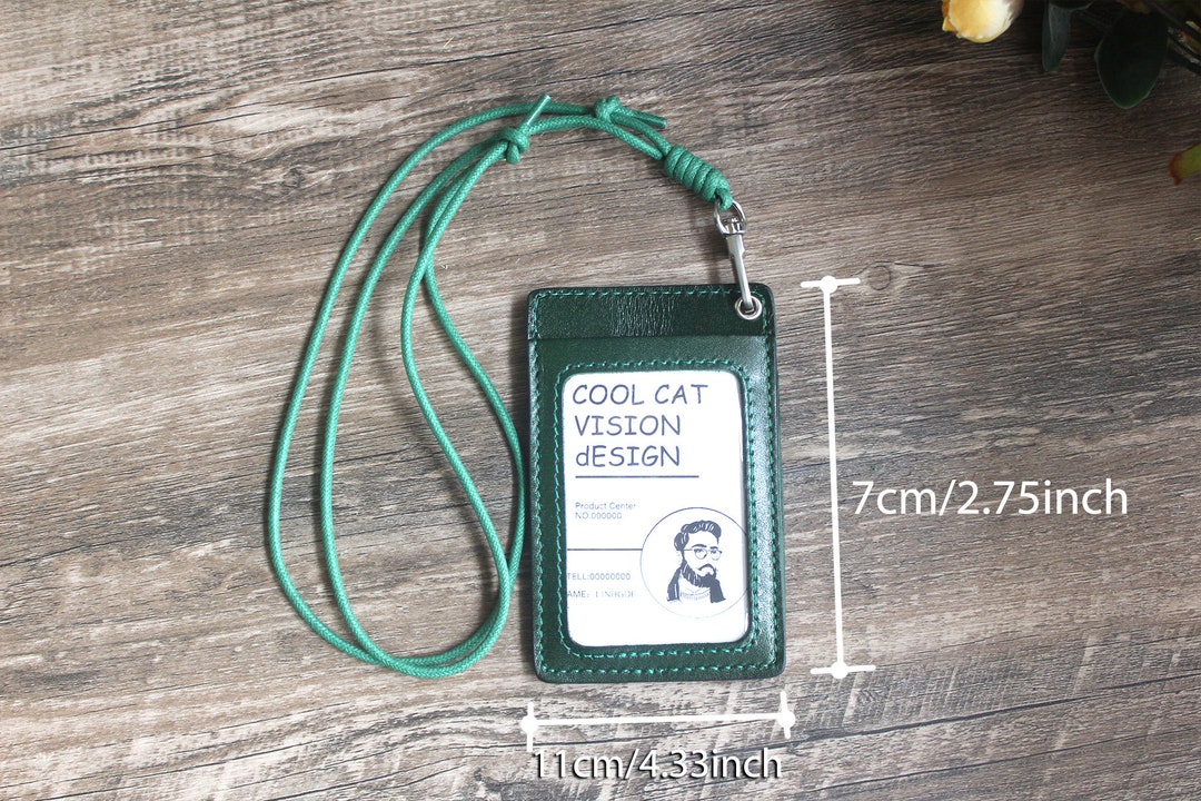 Leather Green ID Card Holder,genuine Leather Retractable Lanyard ID ...