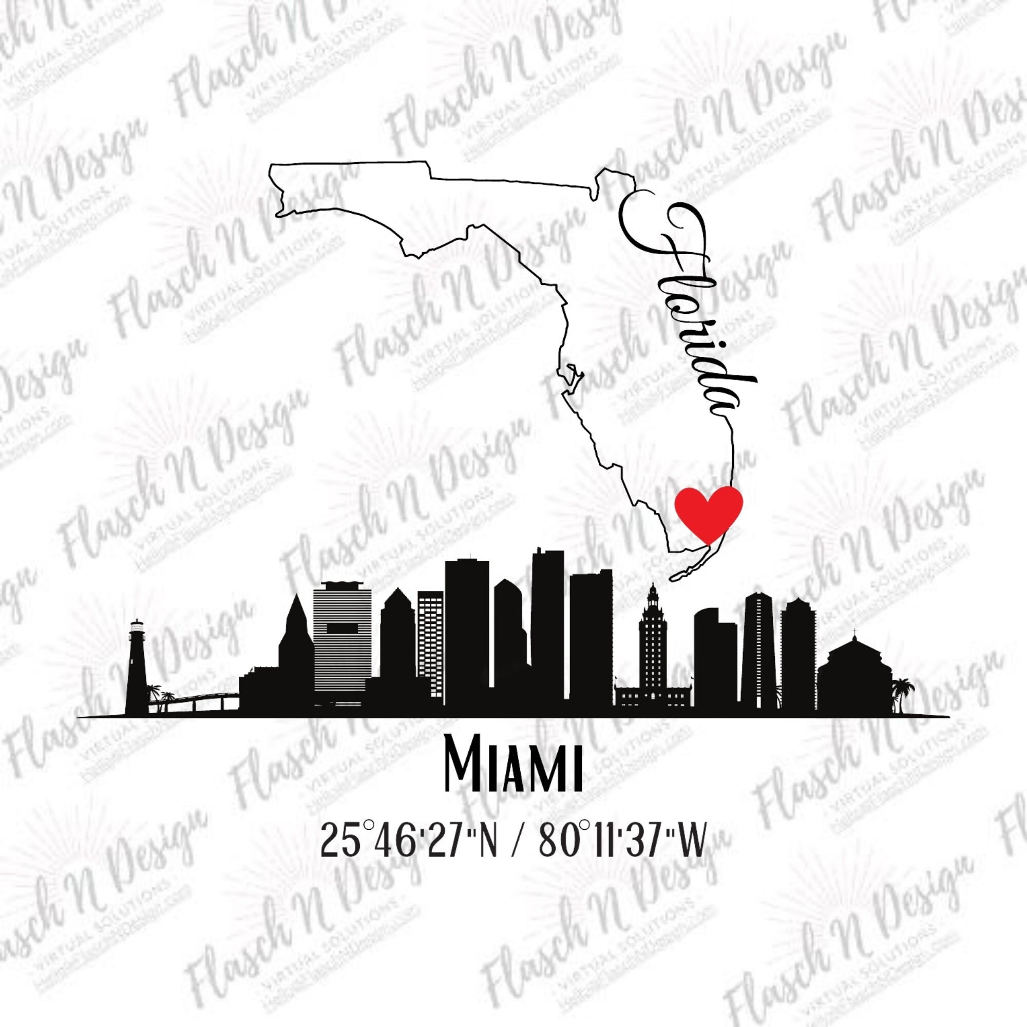Miami, Florida Coordinates, Desk & Wall Art, City Skyline Heart Love ...