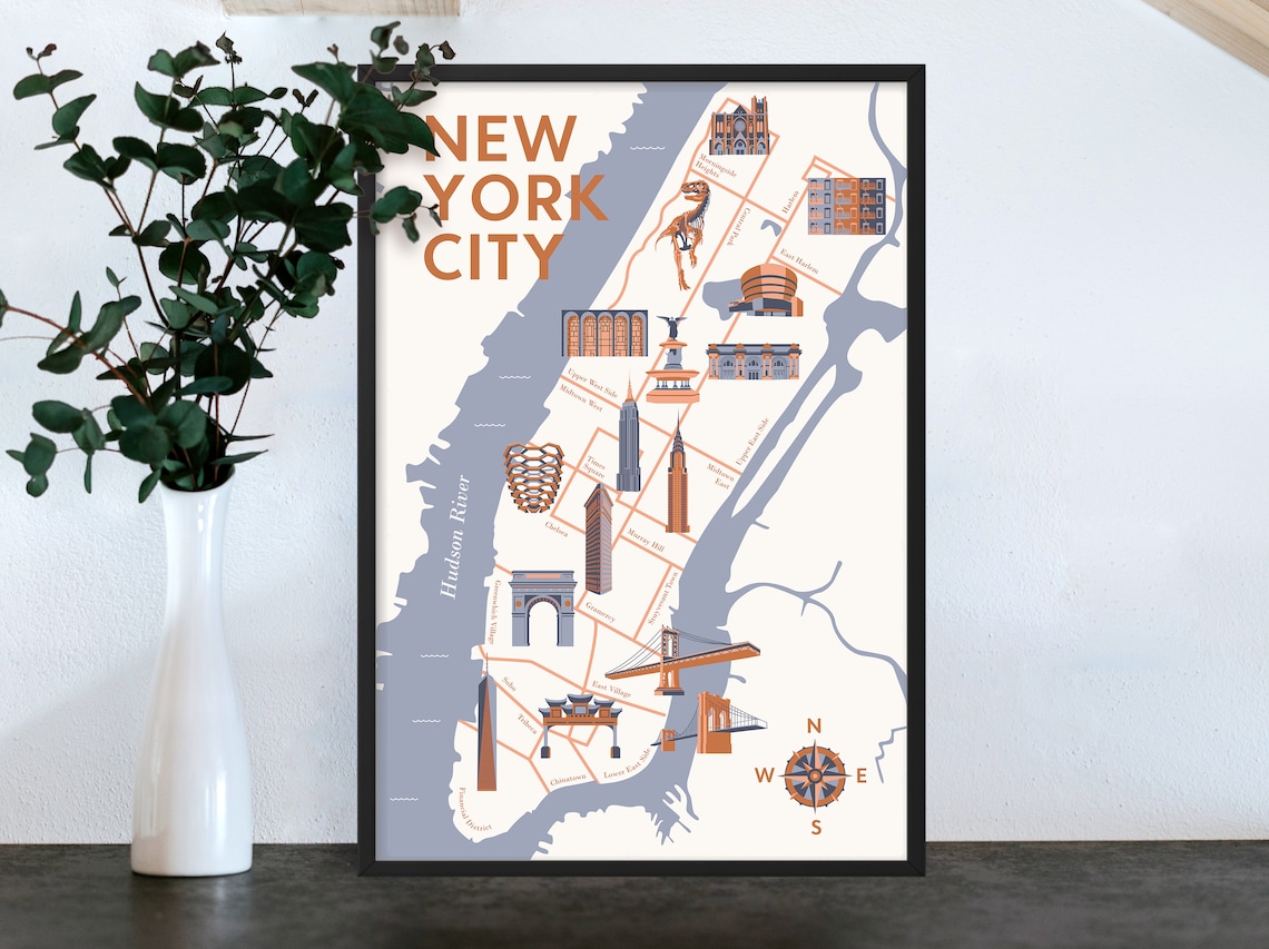 Custom New York City Map Art Print Map of Manhattan Poster NYC Moving ...