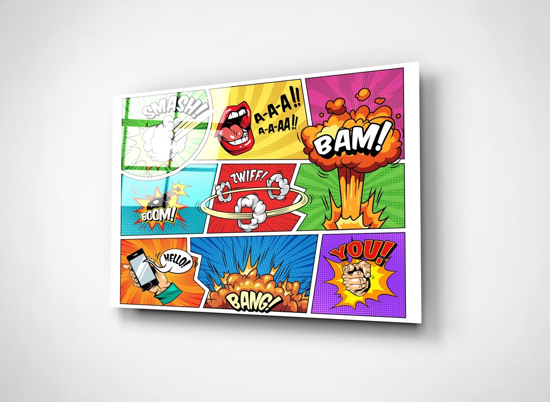Comic Book Art Wall Art, Funky Kids Room Decor, Colorful Print on Glass ...