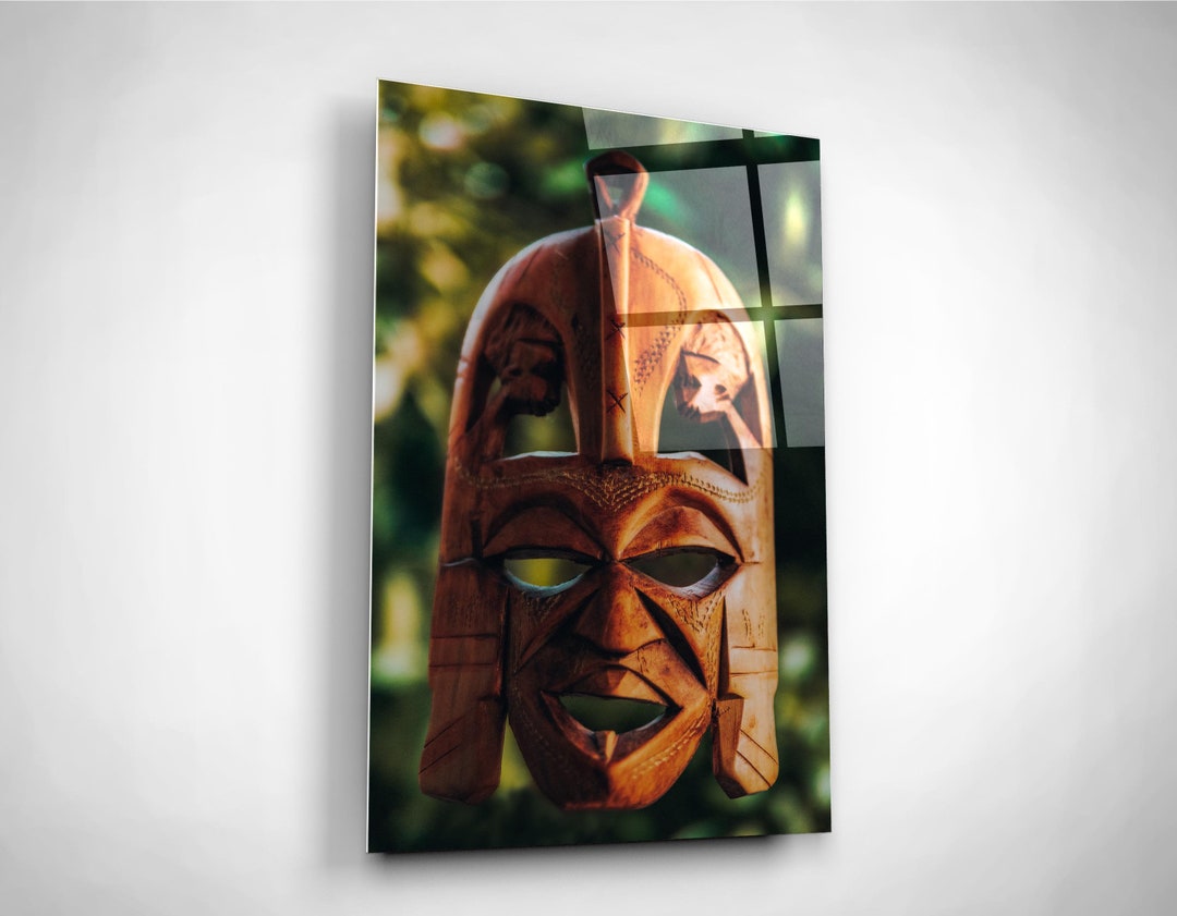 African Wooden Mask Wall Art, Tribal Ethiopian Life Print on Glass ...