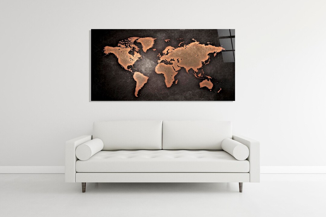 World Map Panorama Wall Art, Travel Theme Distressed Style Decor, World ...
