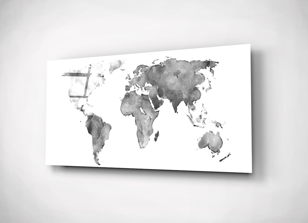 Modern World Map Panorama Wall Art, Ink Painting, Christmas Gift ...