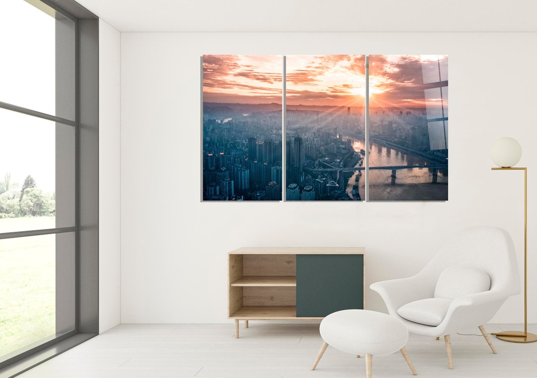 Cityscape Aerial View Wall Art, Sun Setting Photo Print on Canvas, City ...