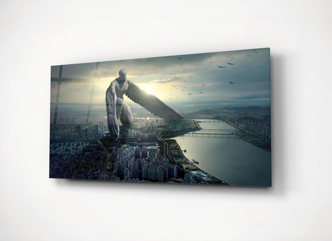 Art mural ange gardien, peinture surréaliste panoramique sur verre ...