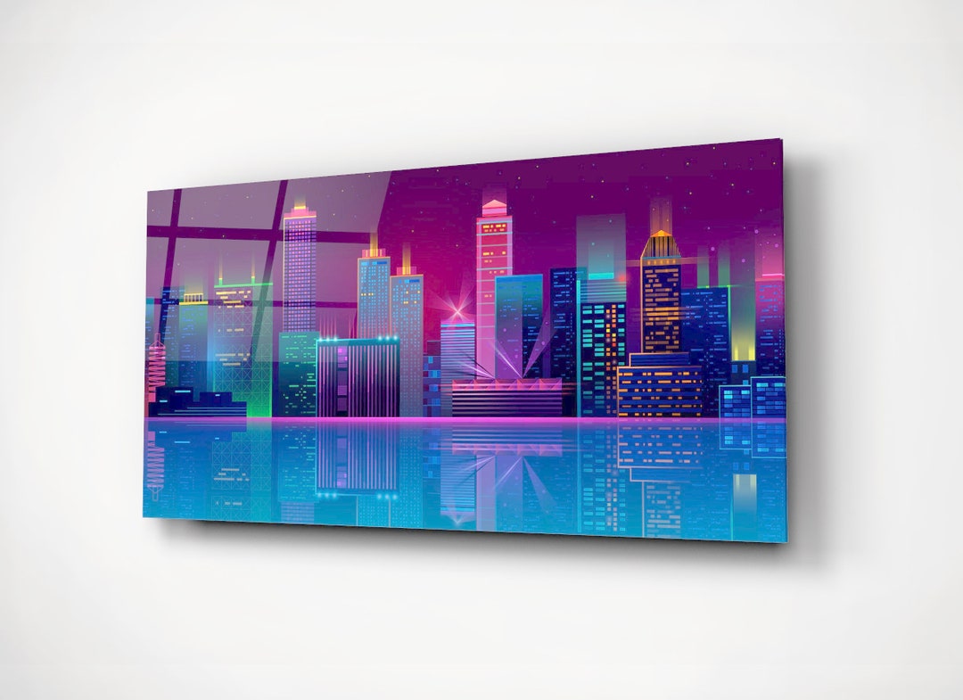 Vaporwave Cityscape Buildings Wall Art Panorama Skyline Art Neon ...