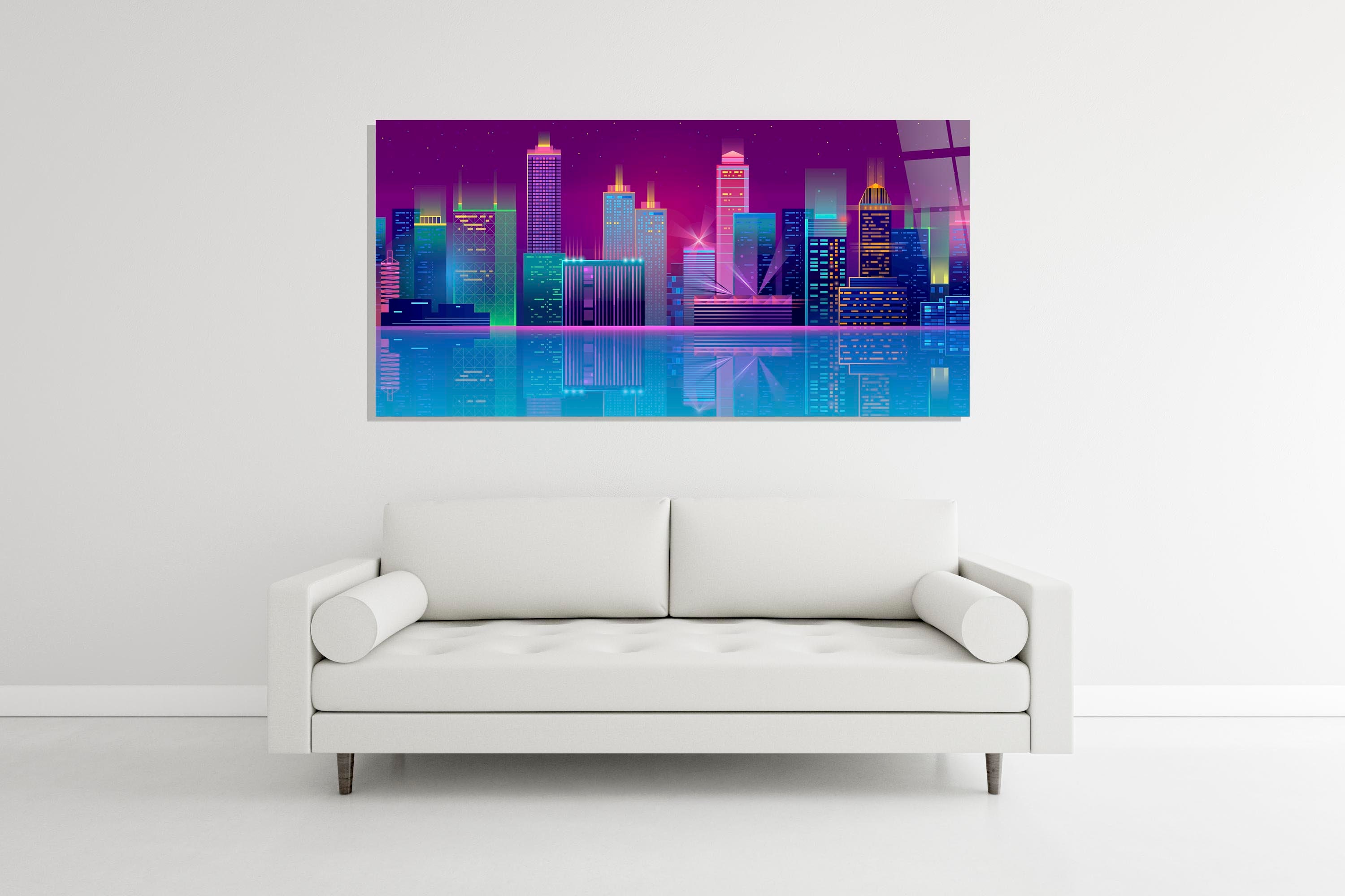 Vaporwave Cityscape Buildings Wall Art Panorama Skyline Art Neon ...