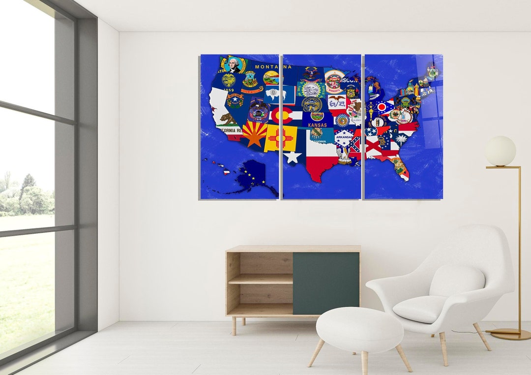 United States Map Wall Art Educational American States Flags Map Glass ...