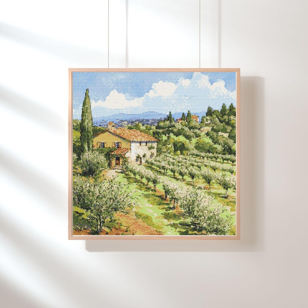 Tuscan Hillside Villa Cross Stitch Pattern, Mediterranean Landscape ...