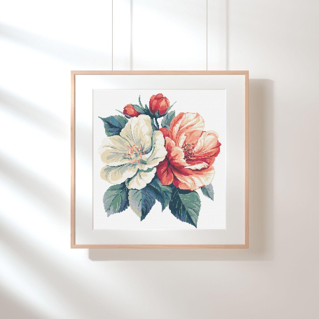 Camellias Cross Stitch Pattern - PDF File With Embroidery of Red and ...