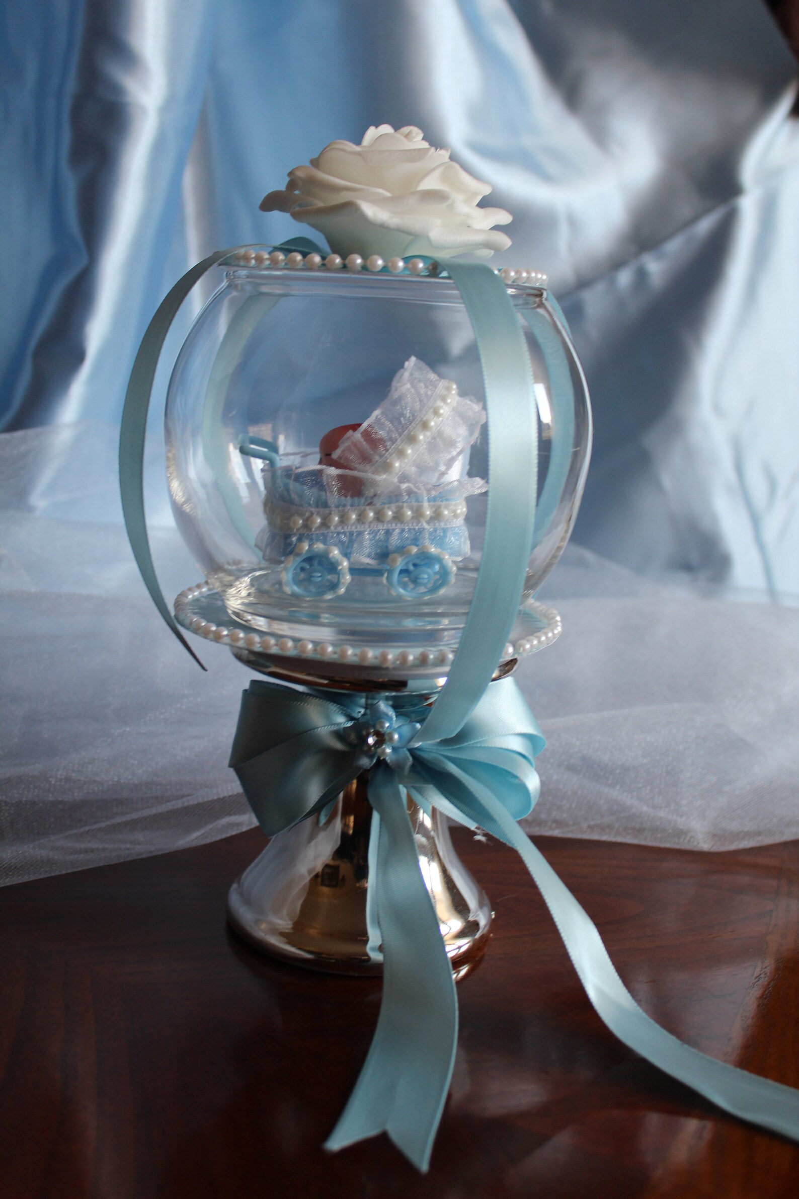 Blue Baby Shower Centerpiece, Glass Sphere, Silver Stand - Etsy