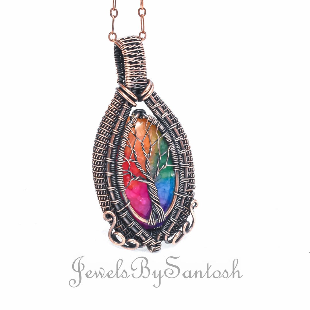 Tree of Life Solar Quartz Pendant: Rainbow Copper Wire Wrapped Jewelry ...