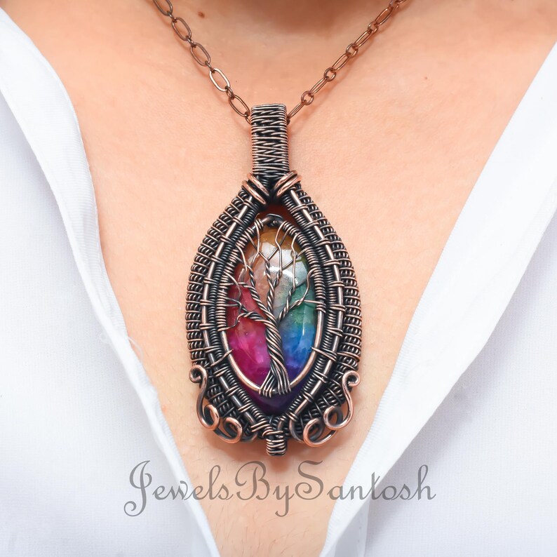 Tree of Life Solar Quartz Pendant: Rainbow Copper Wire Wrapped Jewelry ...