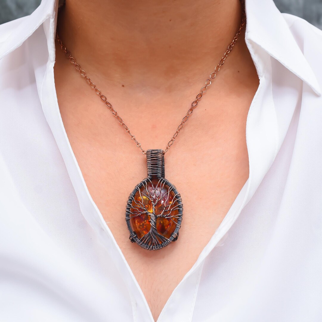 Tree of Life Amber Pendant Copper Wire Wrapped Pendant Oxidized Copper ...