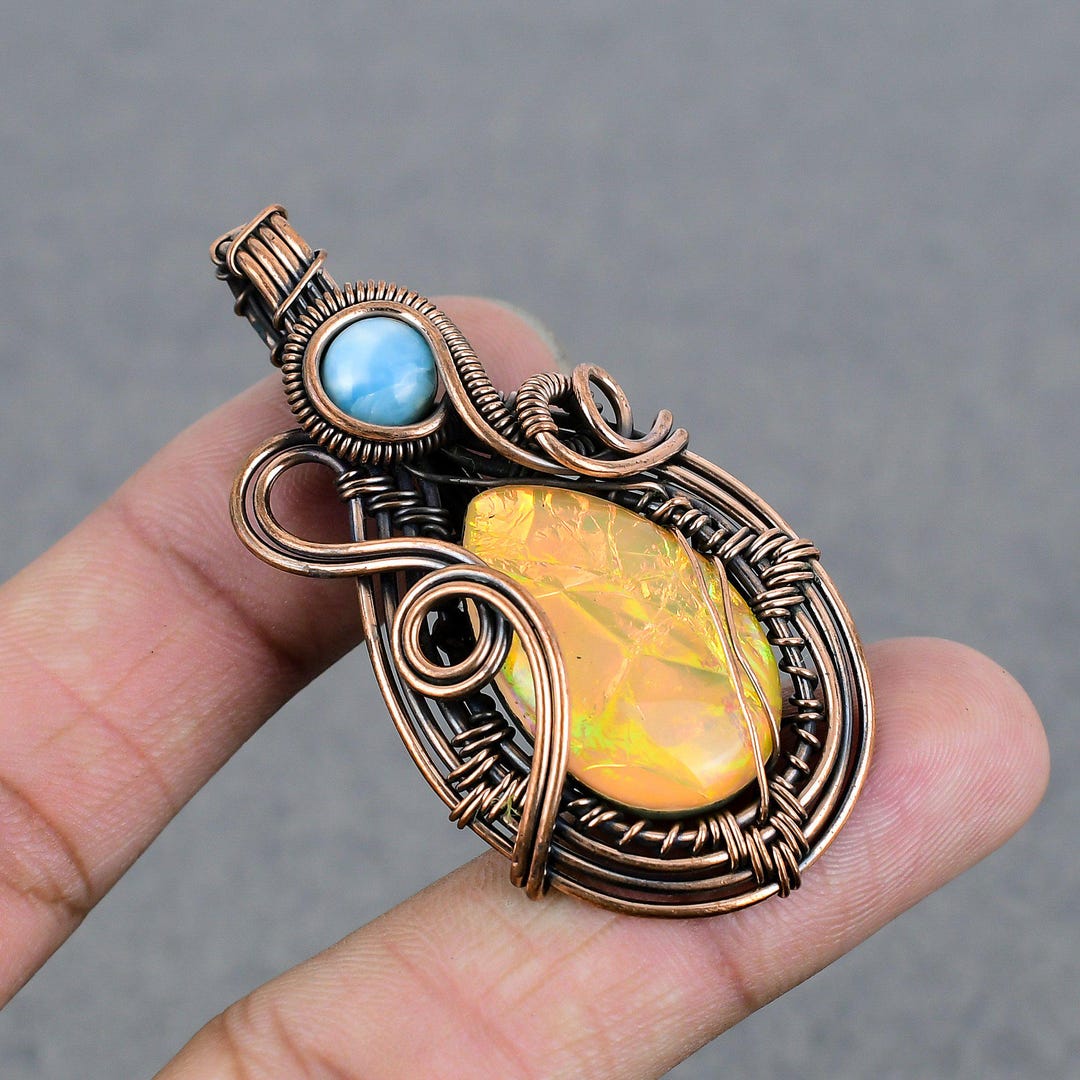 Handmade Copper Wire Wrapped Australian Triplet Opal Larimar Necklace ...