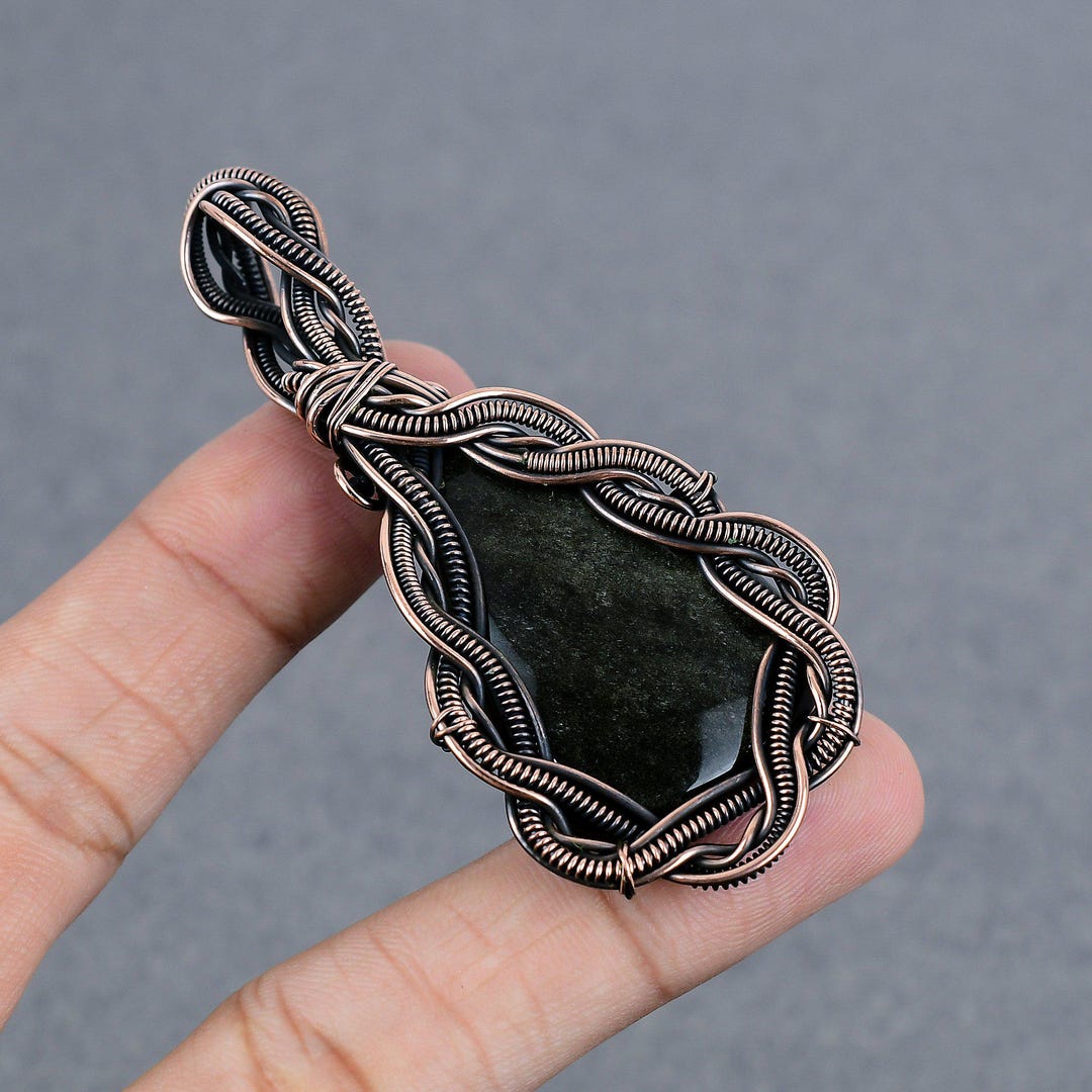 Golden Obsidian Pendant Copper Wire Wrapped Pendant Oxidized Copper ...