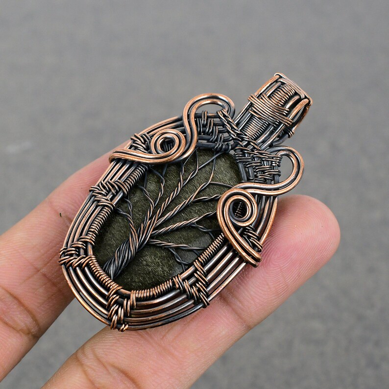 Gold Sheen Obsidian Tree of Life Pendant: Copper Wire Wrapped Jewelry ...