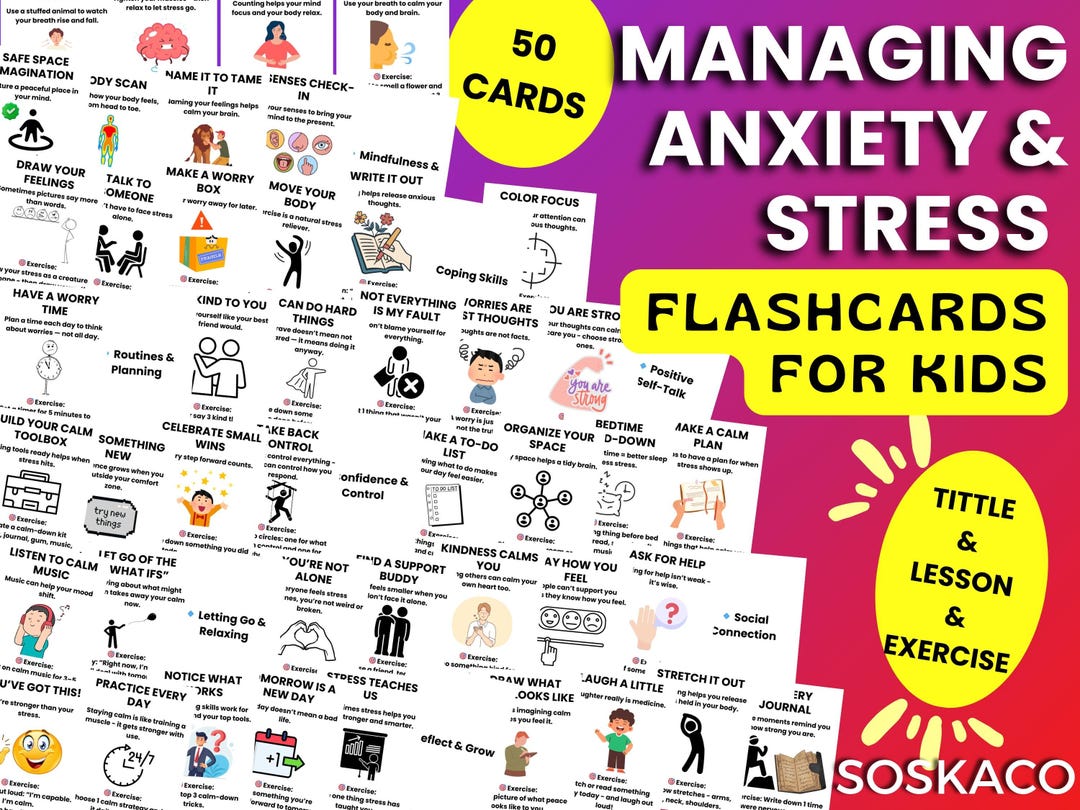 50 Anxiety & Stress Flashcards for Kids, Coping Skills, Calm Down Tools ...