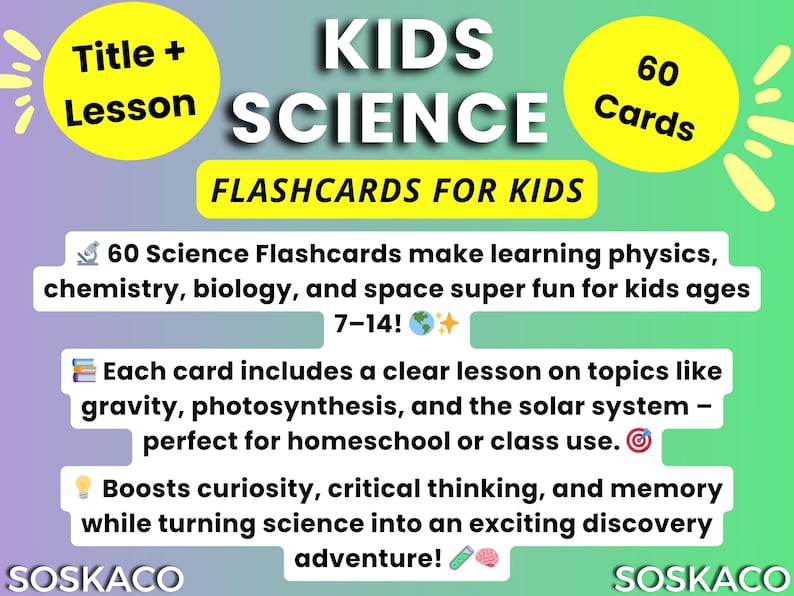 Kids Science Flashcards, Physics Chemistry Biology Space Science ...