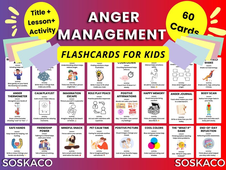 Anger Management Flashcards for Kids | Emotional Regulation Activities ...