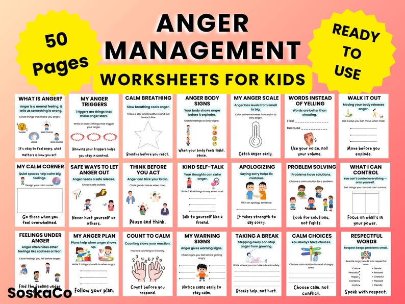 Anger Management Worksheets for Kids, Emotional Printable Coping Skills ...