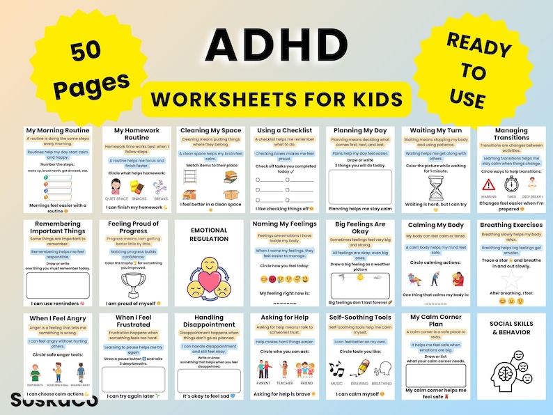 ADHD Worksheets for Kids, Focus Activities, Emotional Regulation ...