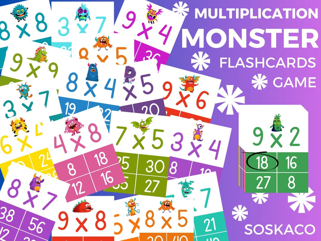 Multiplication Chart Flash Cards, Monster Math Facts, Multiplication ...