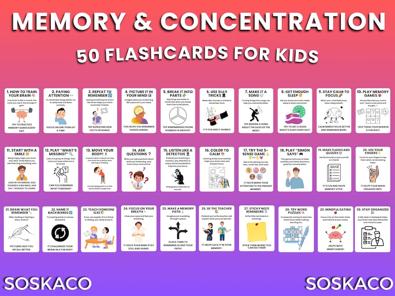 Memory & Focus Flashcards: Fun Learning Games for Kids (printable Cards ...
