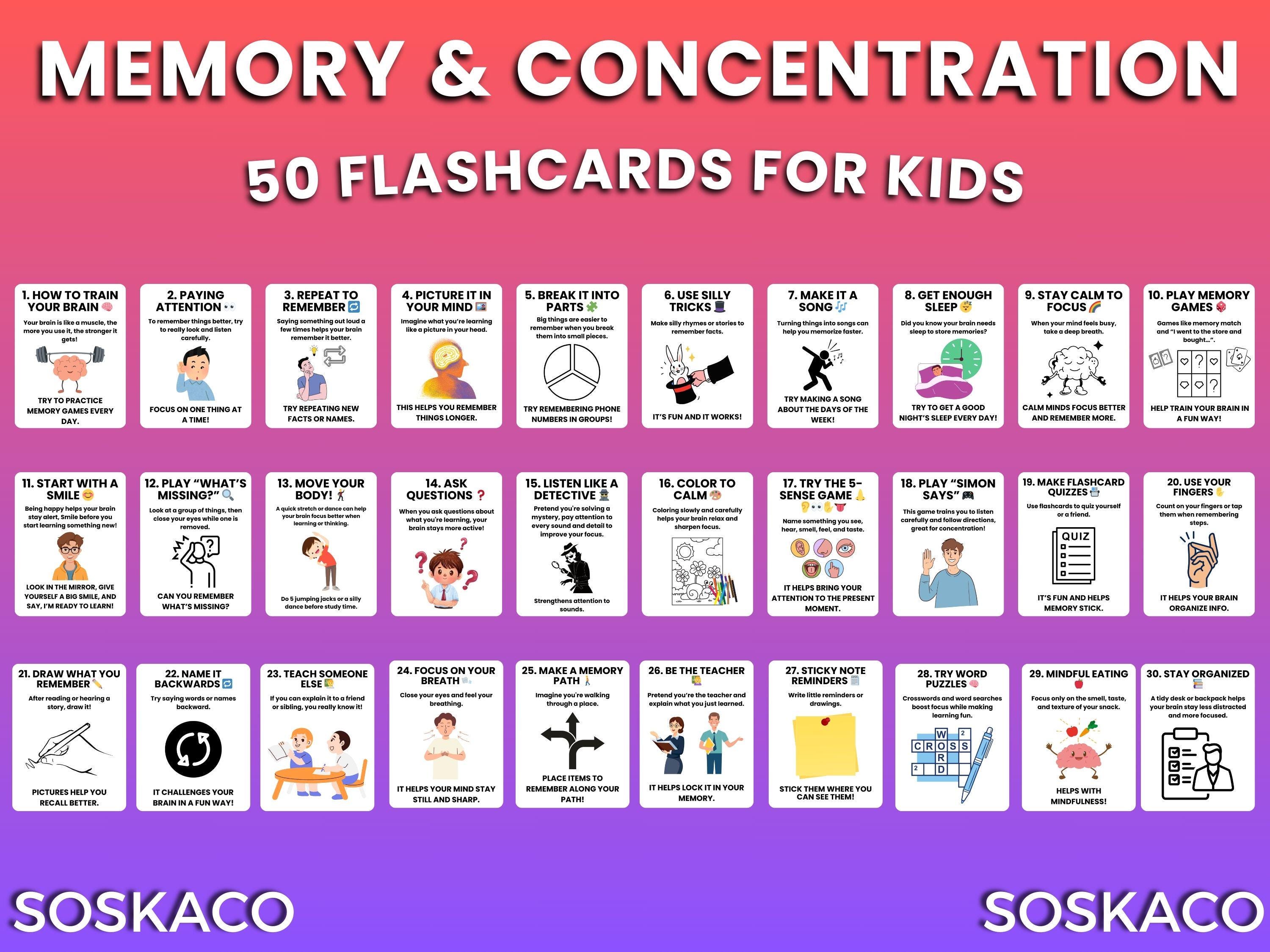 Memory Concentration Flashcards, Focus Cards for Kids, Fun Brain Games ...