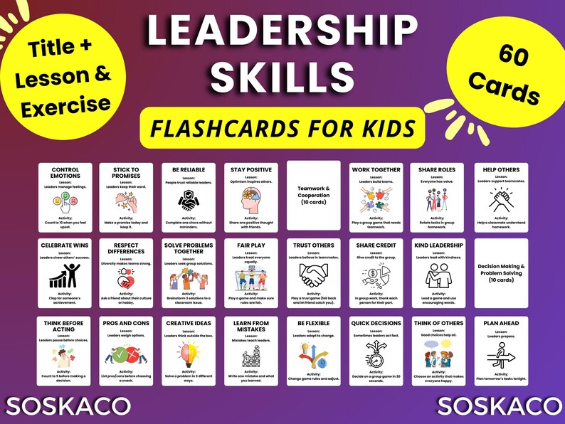 60 Leadership Skills Flashcards for Kids, Lessons Confidence Boost ...