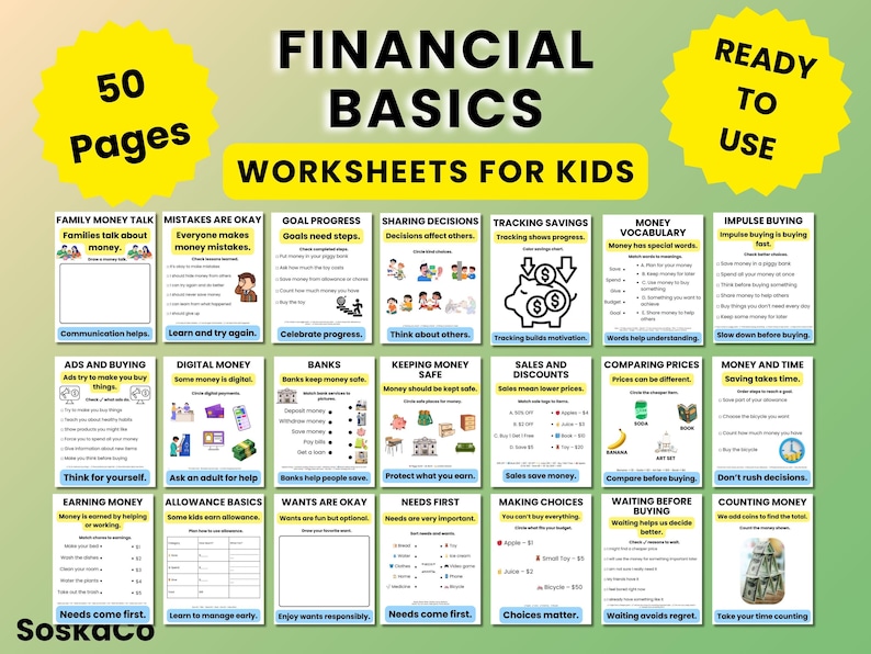 Financial Basics Worksheets for Kids, Learning Workbook Smart Money ...