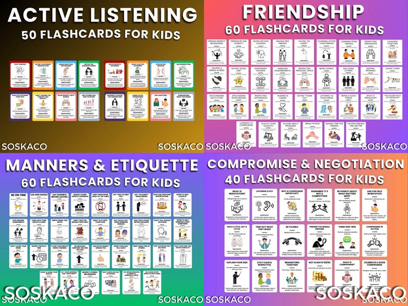 Social Skills Flashcards Bundle for Kids, Active Listening, Friendship ...