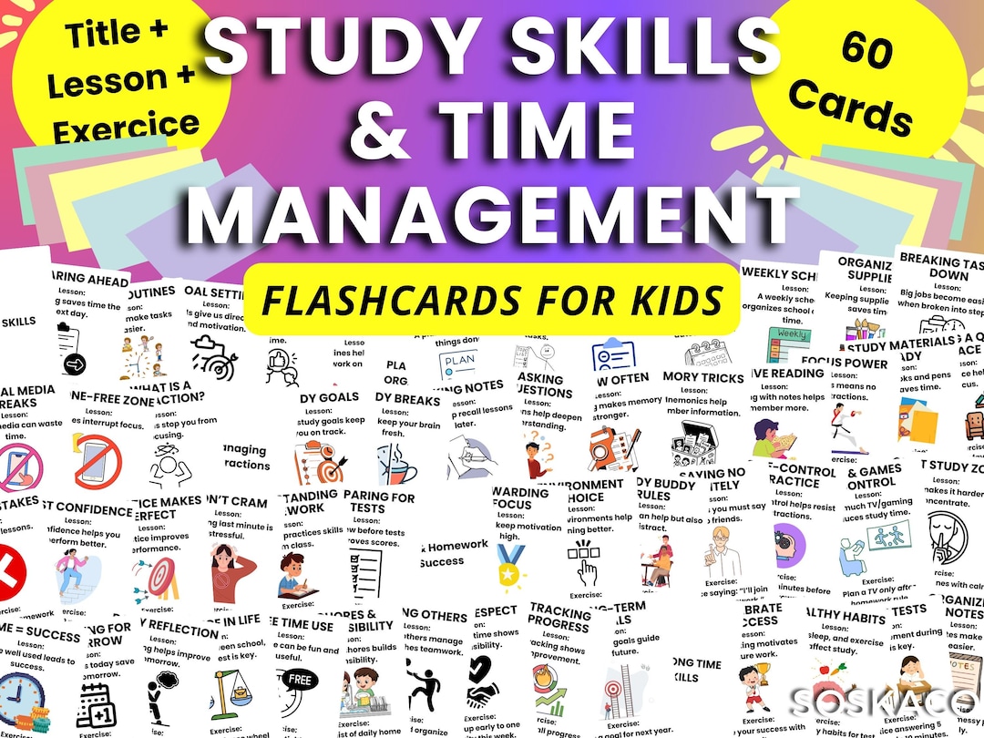 Study Skills Flashcards for Kids, Time Management Activities, Focus ...