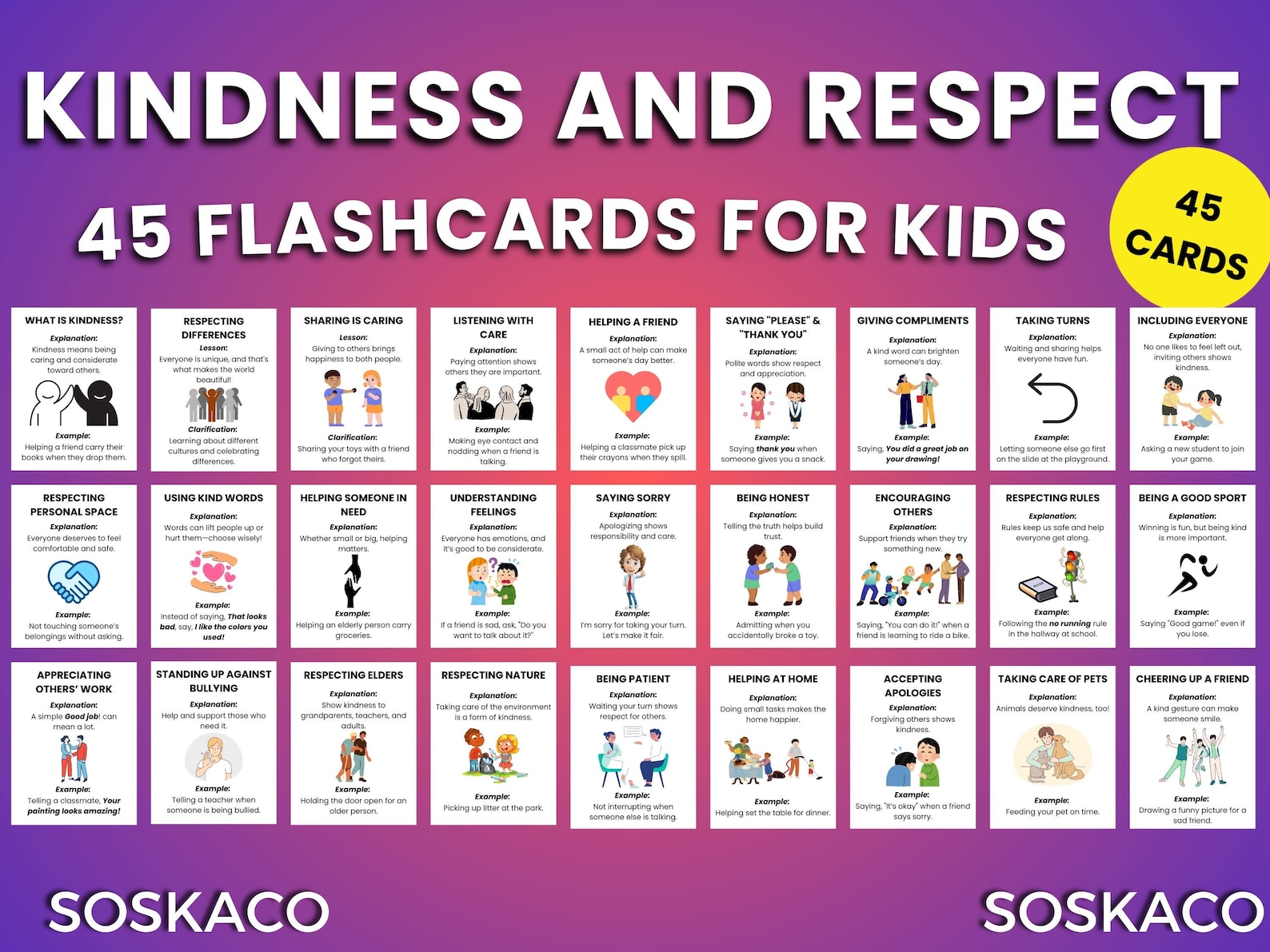 Kindness & Respect Flashcards for Kids, Social Skills Worksheet ...