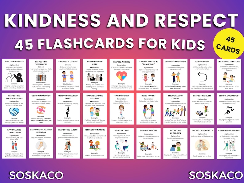 Kindness & Respect Flashcards for Kids, Social Skills Worksheet ...