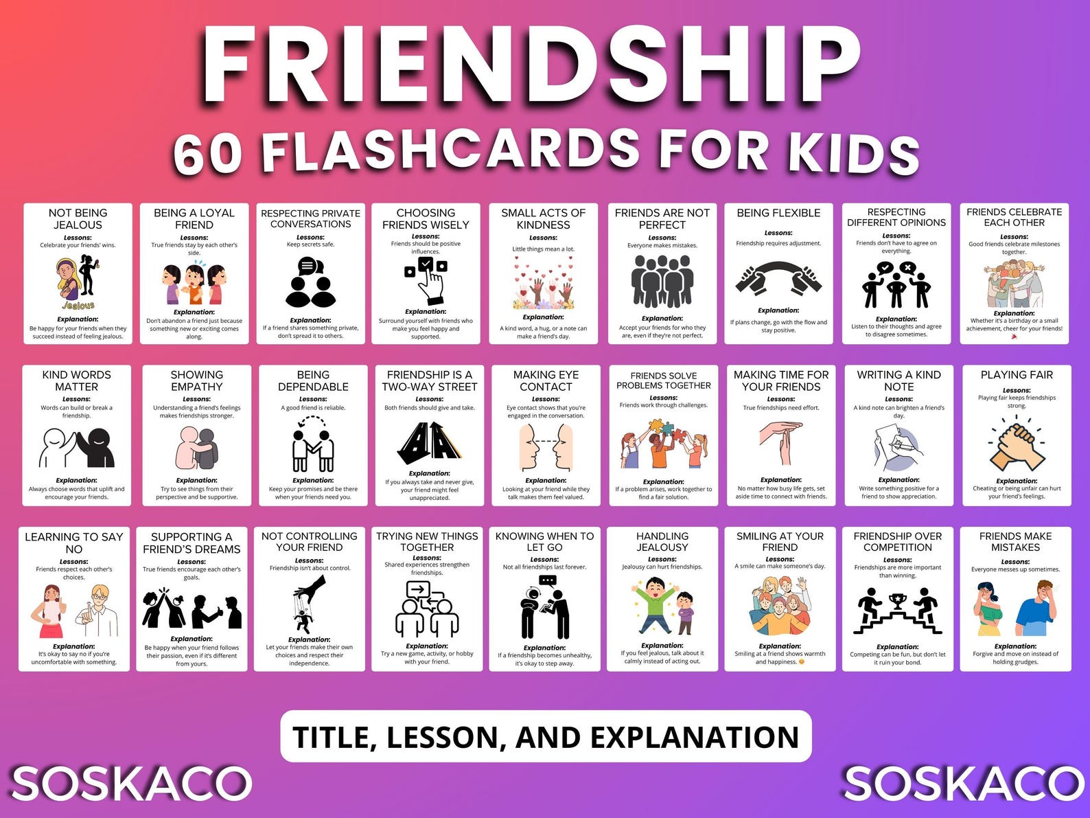 Friendship Flashcards for Kids, Social Skills Activities, Positive ...