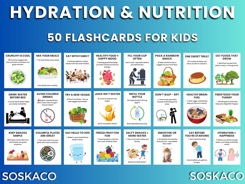 Hydration & Nutrition Awareness, Flashcards for Kids, Healthy Habits ...