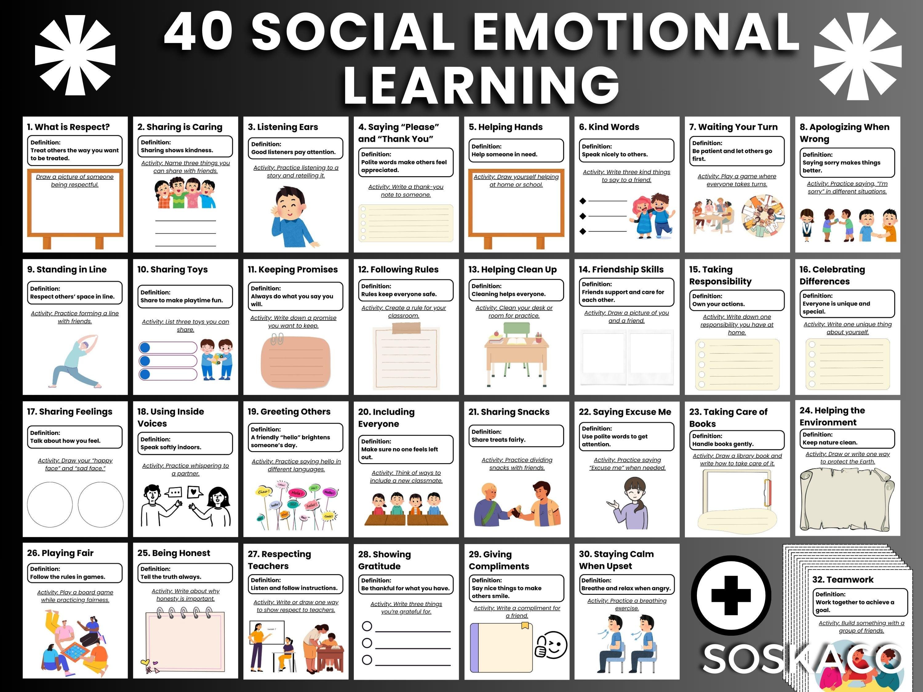 40 Social Skills Flashcards for Kids, Emotional Learning Activities ...