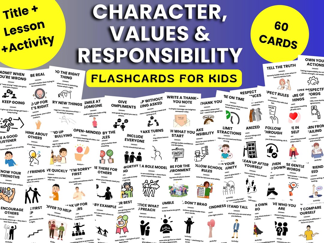 60 Character Education Flashcards for Kids, Values, Responsibility ...